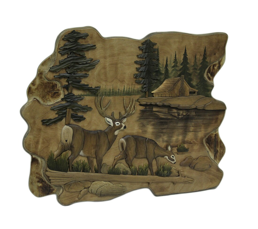Deer Family In The Woods Hand Crafted Intarsia Wood Art Wall Hanging ...