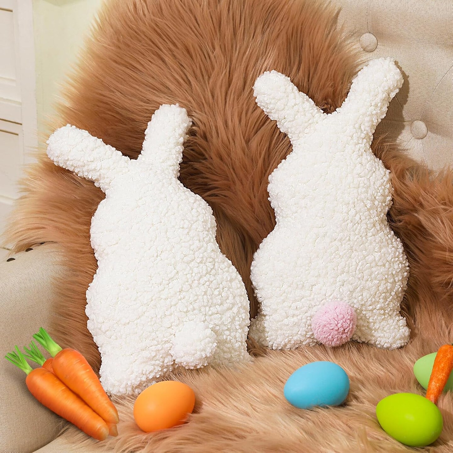 2 Pieces Easter Pillow Bunny Stuffed White Bunny Tail Shape Hugging ...