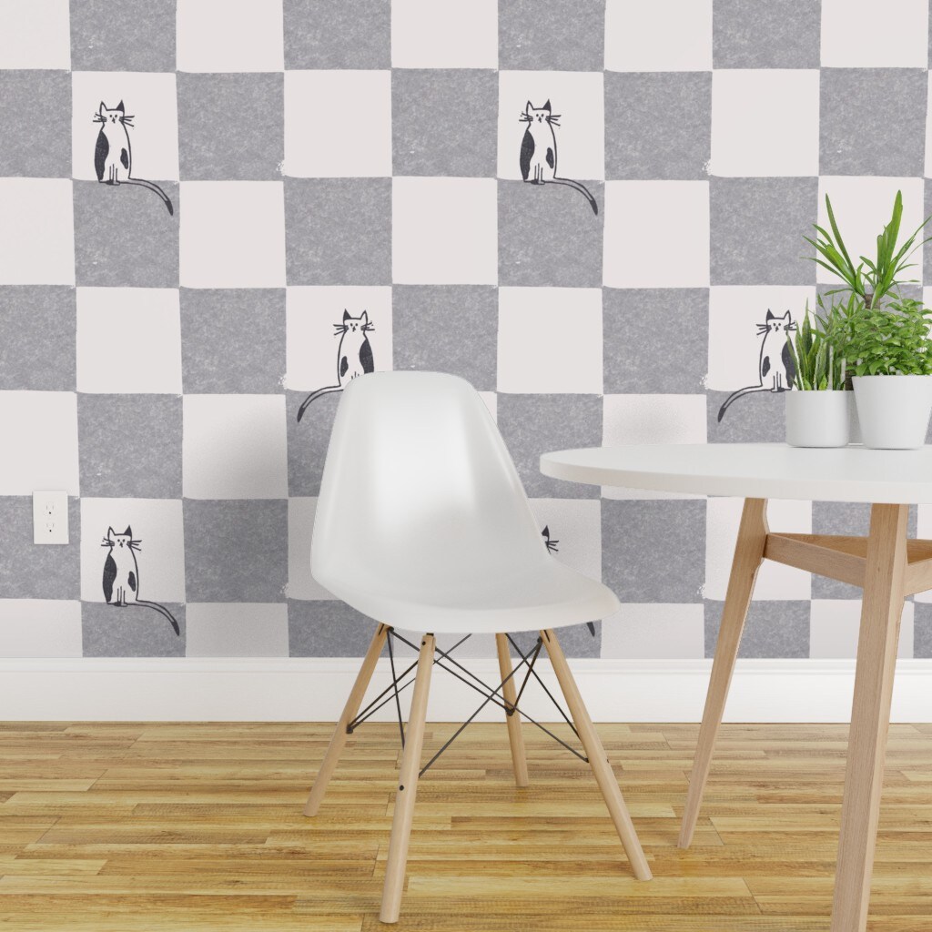 Non-Pasted Wallpaper 2FT Wide Checkered Cat Whimsical Kitty Weathered ...