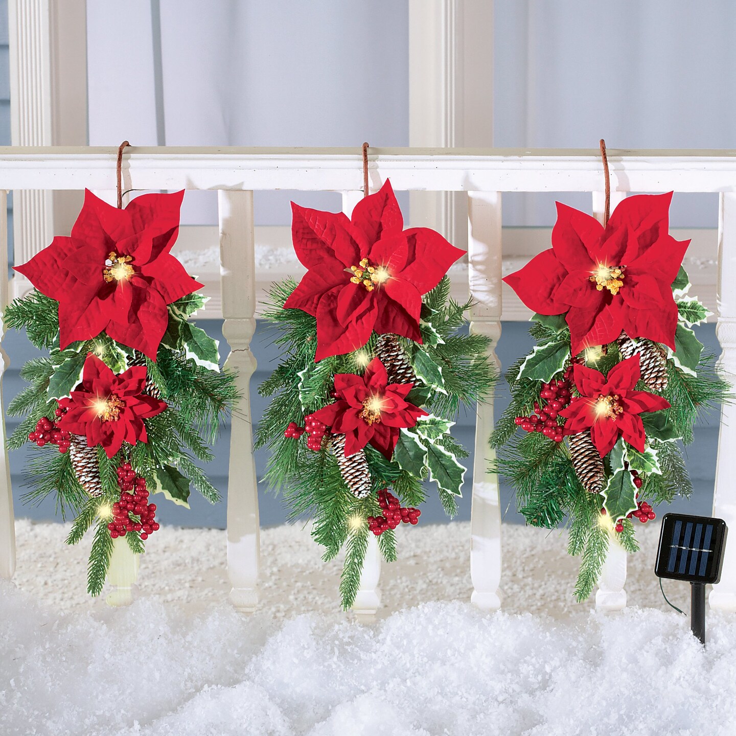 Collections Etc Solar Powered Evergreen Poinsettia Swag Hangers - Set ...