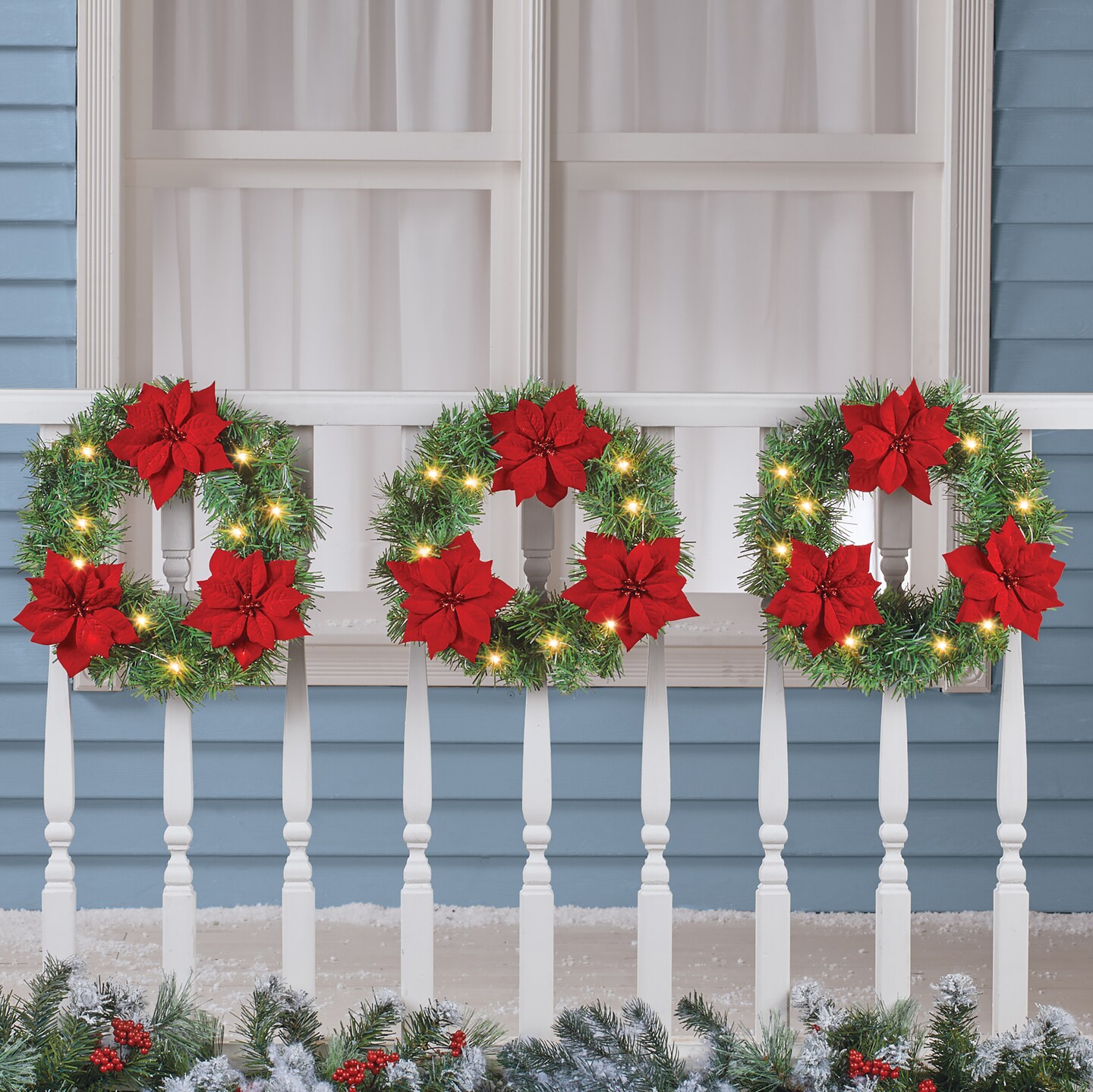Collections Etc Solar Lighted Outdoor Poinsettia Wreaths - Set of 3 ...