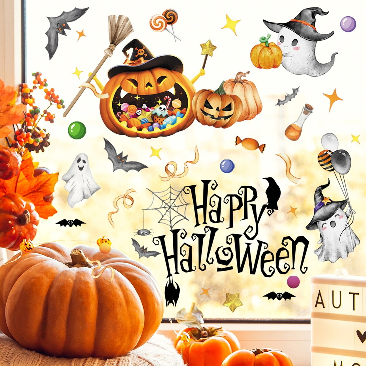 2 Sheets Halloween Window Clings Scary Pumpkin Ghost Bat Broom Stickers Wall Decals For Home ...