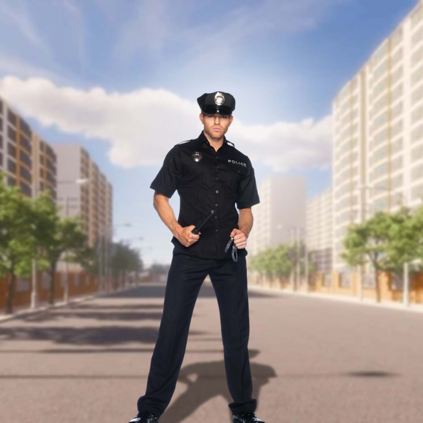 Men’s Police Costume with Shirt Hat Handcuffs and Baton for Halloween ...
