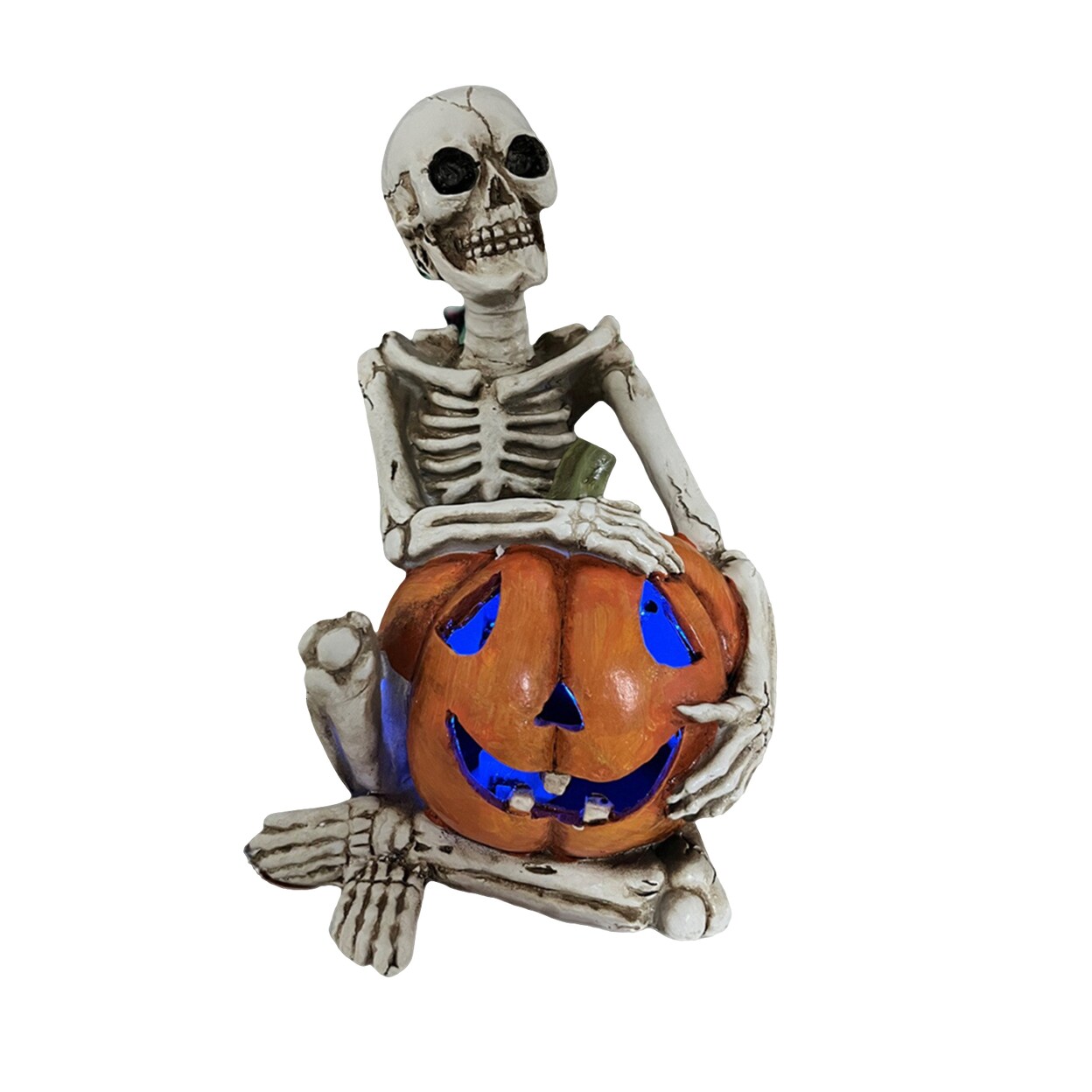 Halloween Skeleton Holding Pumpkin Figurine Spooky Light-Up Sitting ...