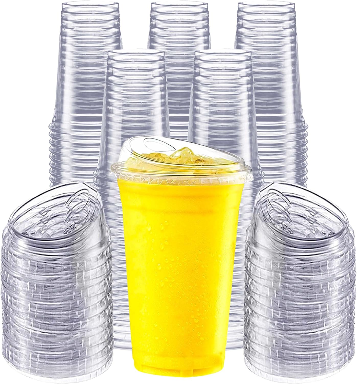 100 Pack 24 oz Clear Plastic Cups with Strawless Sip-Lids, Disposable ...
