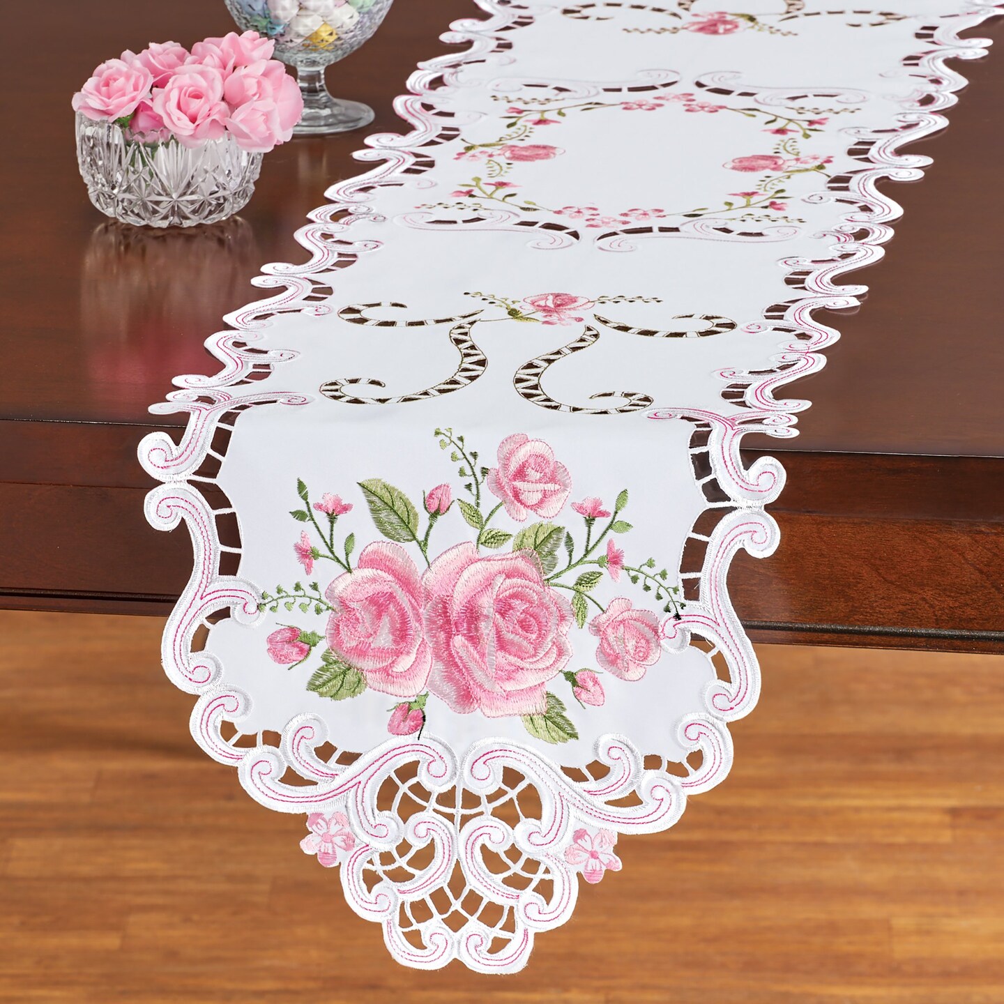 Collections Etc Embroidered Dainty Rose Scalloped Edge Table Linens ...