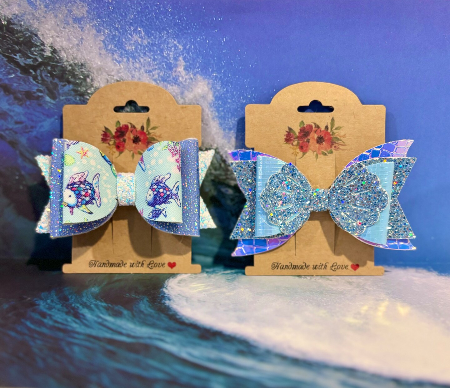 TWO Hair Bows Rainbow Fish and Seashells Four inches by Four Inches ...