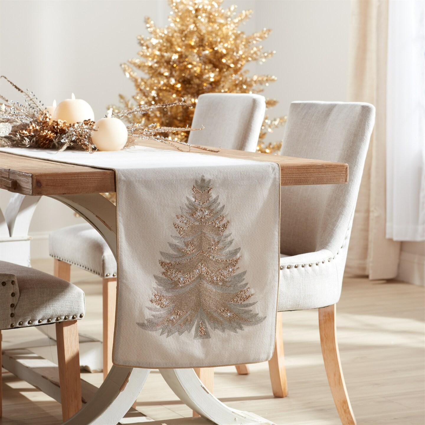 Melrose Embroidered Pine Tree Table Runner - 72" - Beige and Gold ...