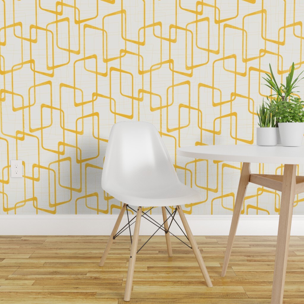 Pre-Pasted Wallpaper 2FT Wide Yellow Geometric Shapes Pattern Lino Print Texture Custom Pre ...