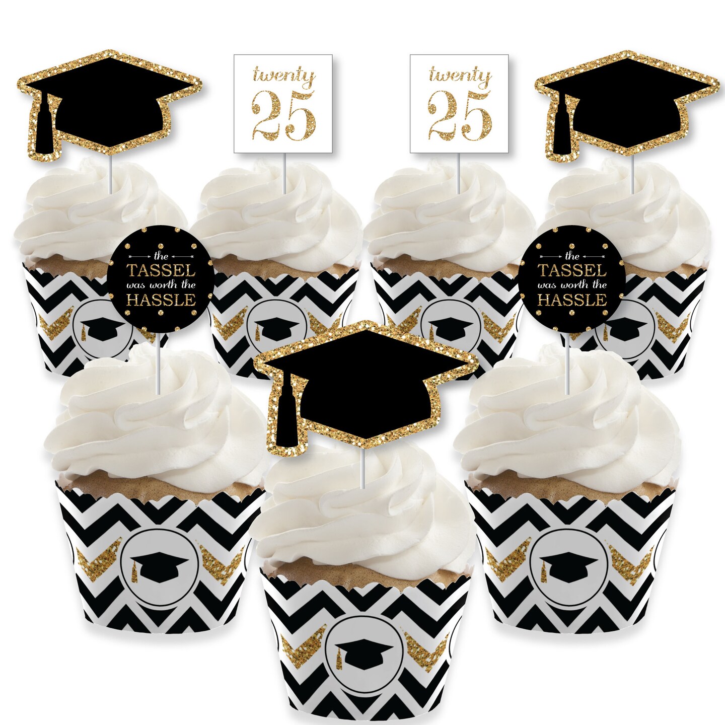 Big Dot of Happiness 2025 Gold Graduation Cupcake Decoration - Party ...