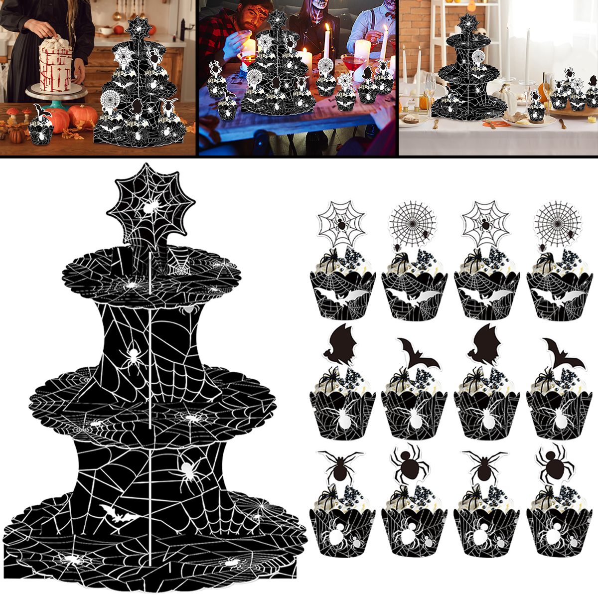 3 Tier Cupcake Stand Black Spider Web Cardboard Cupcake Stand with ...