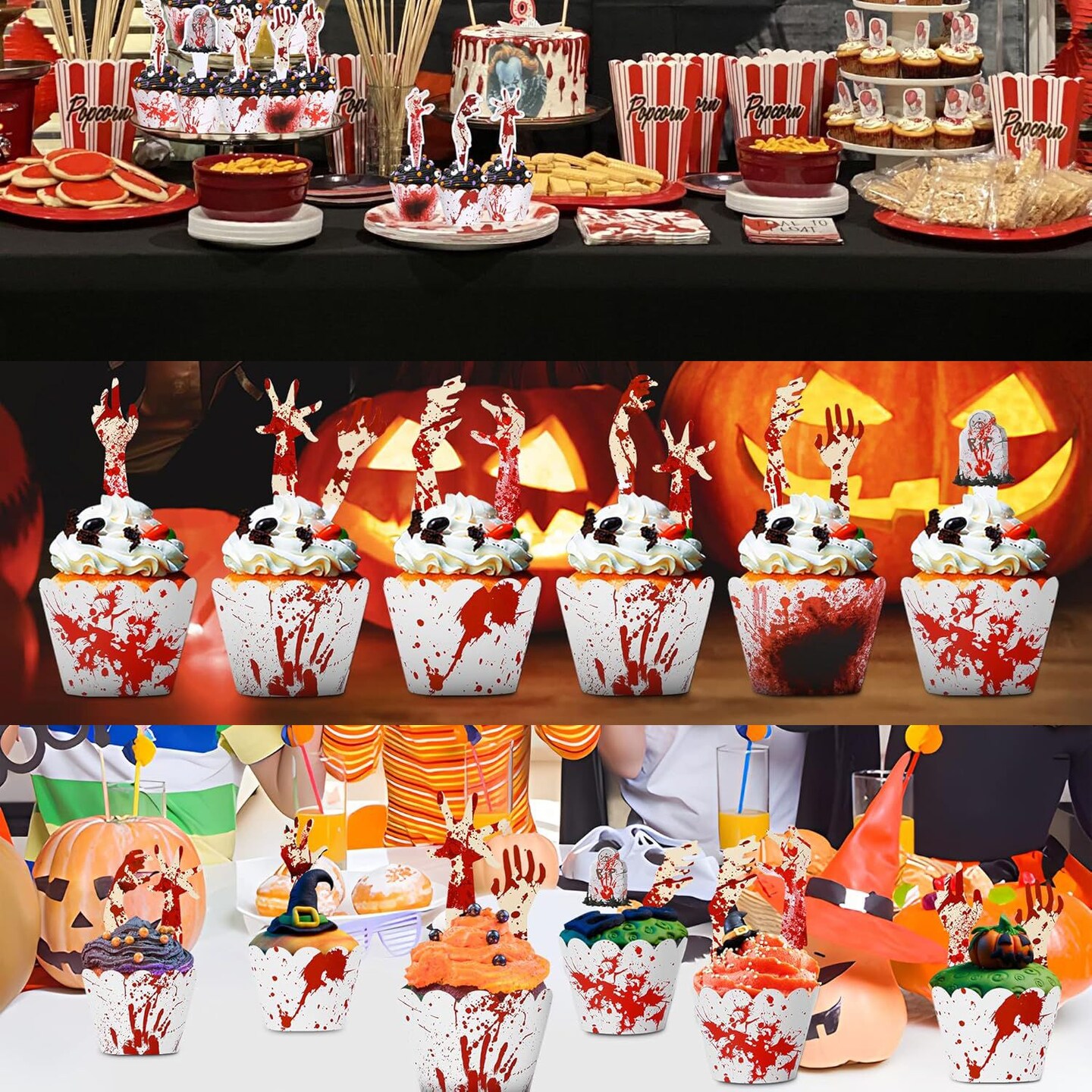 48Pcs Halloween Cupcake Toppers Wrappers Rip Kit Bloody Zombie Hand ...
