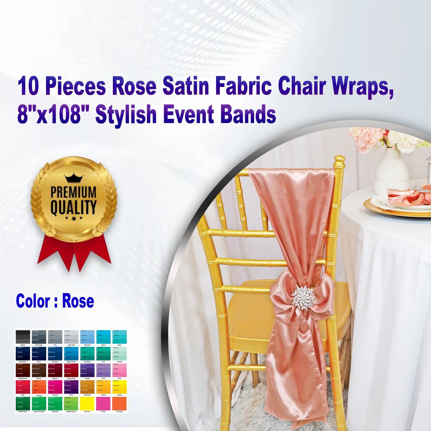 10 Pieces Rose Satin Fabric Chair Wraps, 8"x108" Stylish Event Bands ...