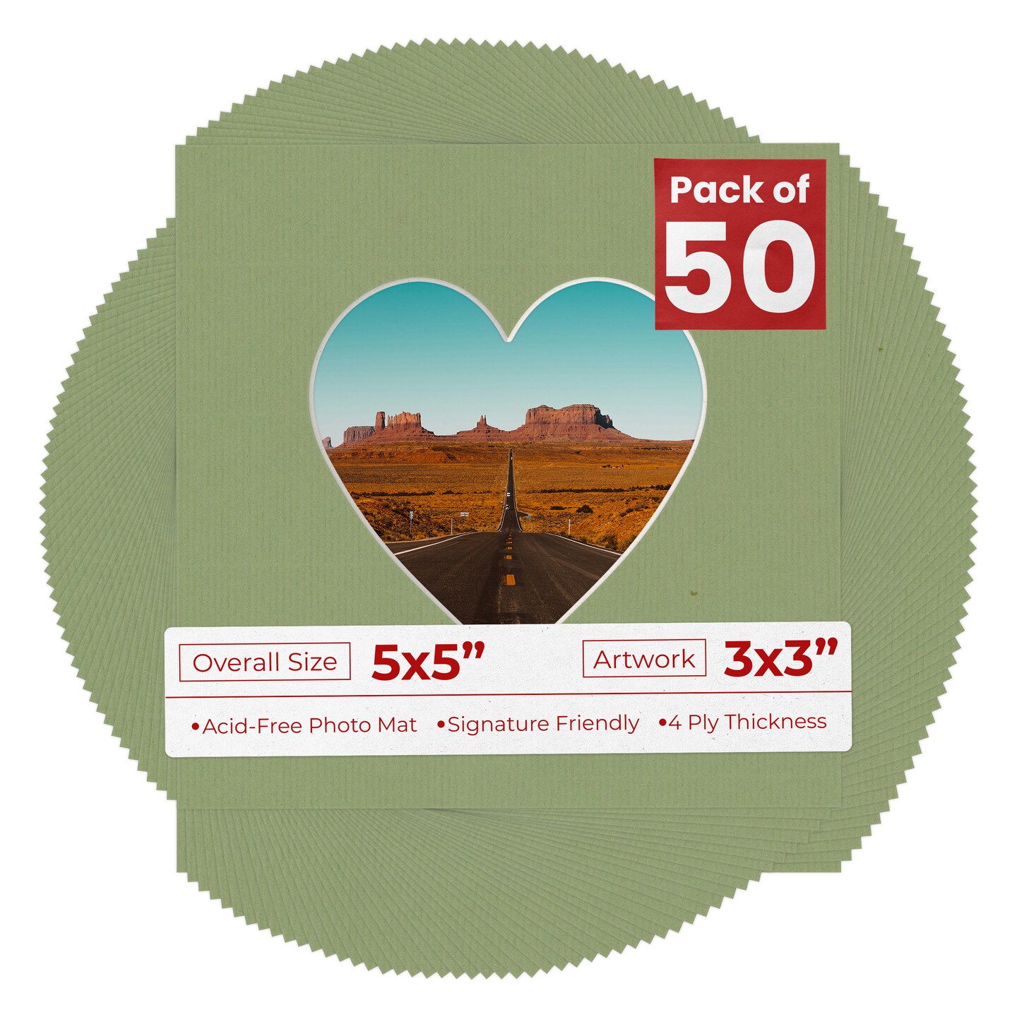 Palm Leaf Green Mat Board for 5x5 Inch Frames - Heart Opening for 3x3 ...