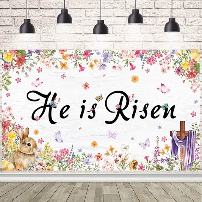 He Is Risen Backdrop Happy Easter Spring Banner Bunny Grass Jesus Cross ...