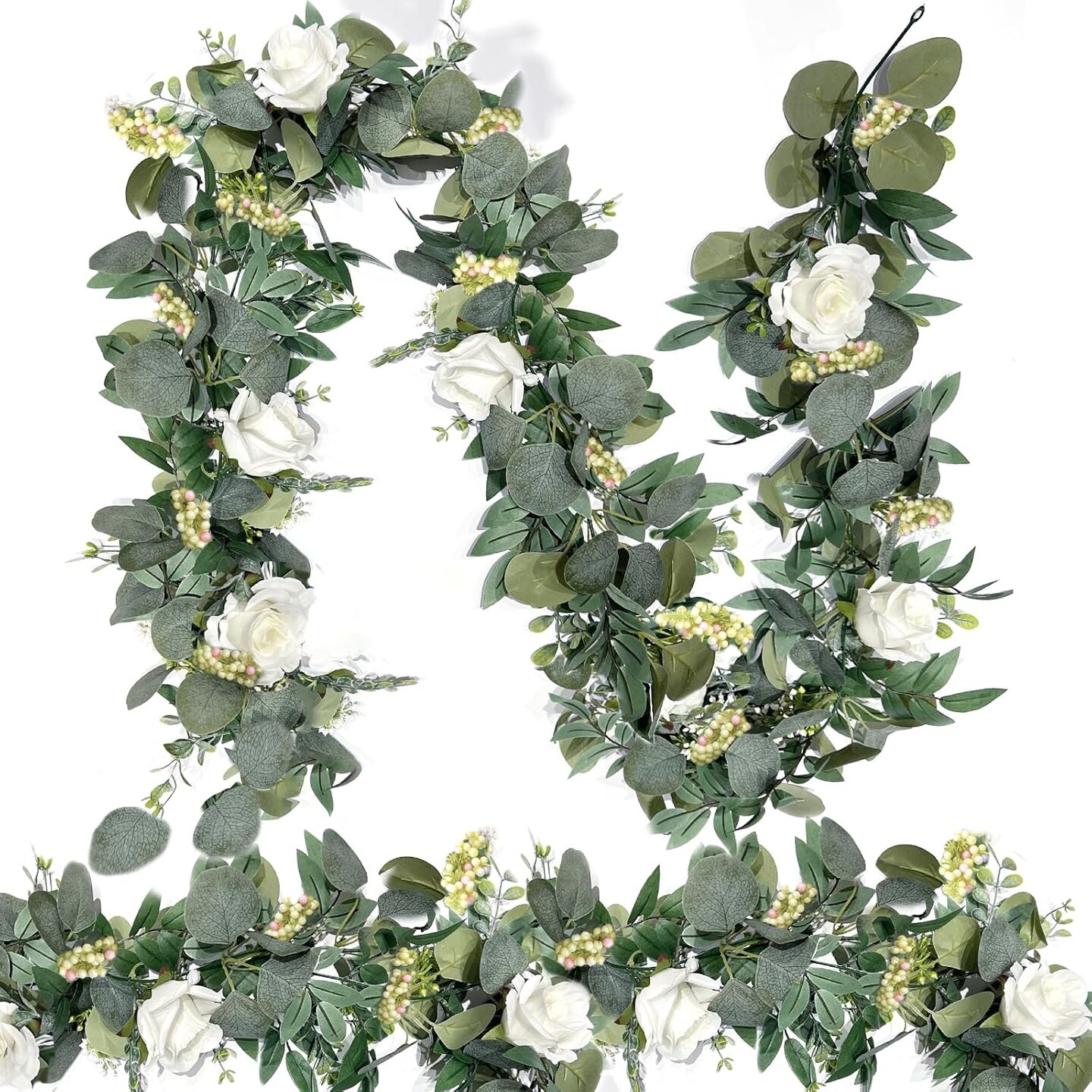 2 Pack 13 Ft Artificial Eucalyptus Summer Rose Garland, Faux 10 Roses Berries White Flower ...
