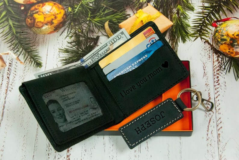 Leather Gift Set,Custom Mens Leather Wallet Keychain Set,Engraved ...