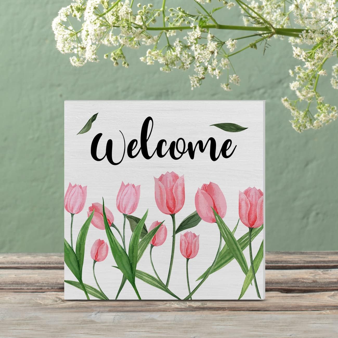 Flower Tulips Summer Tabletop Decor Welcome Wood Box Sign Art Blocks ...