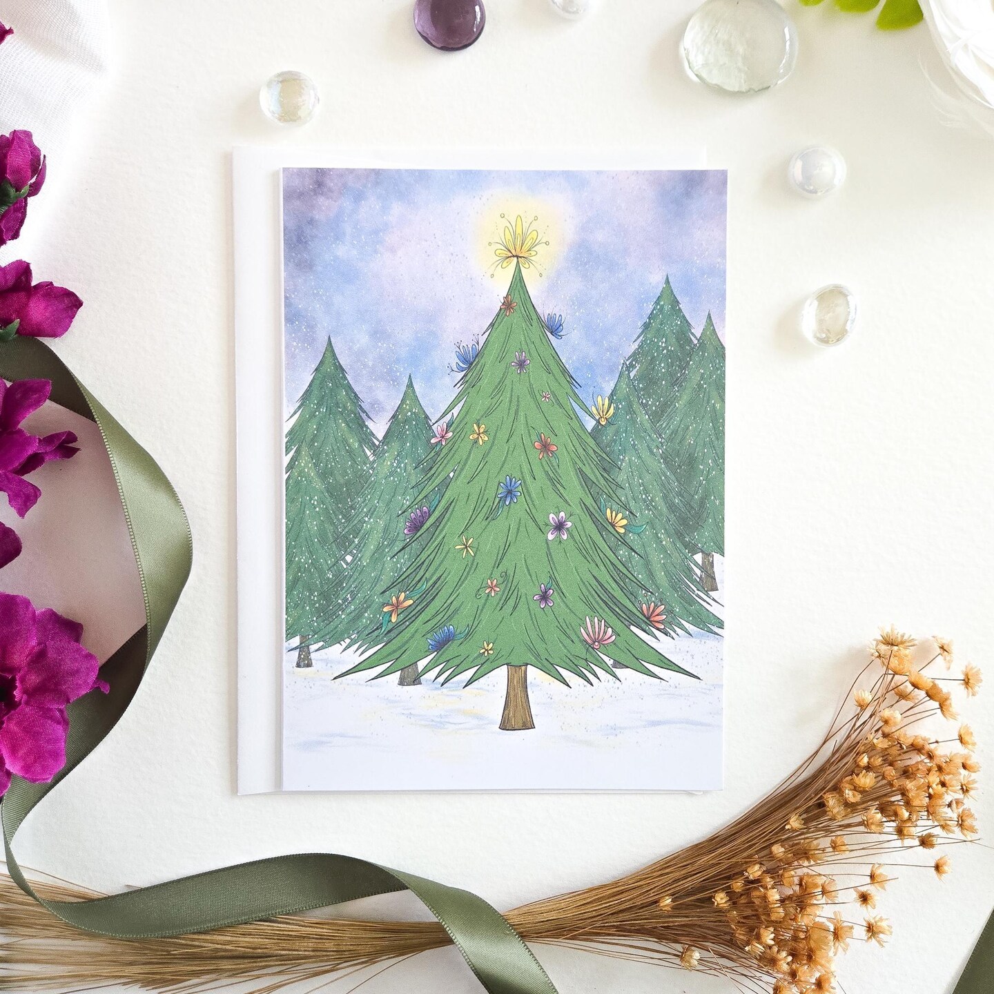 Whimsical Floral Pine Tree Holiday Greeting Card, Snowy Forest ...