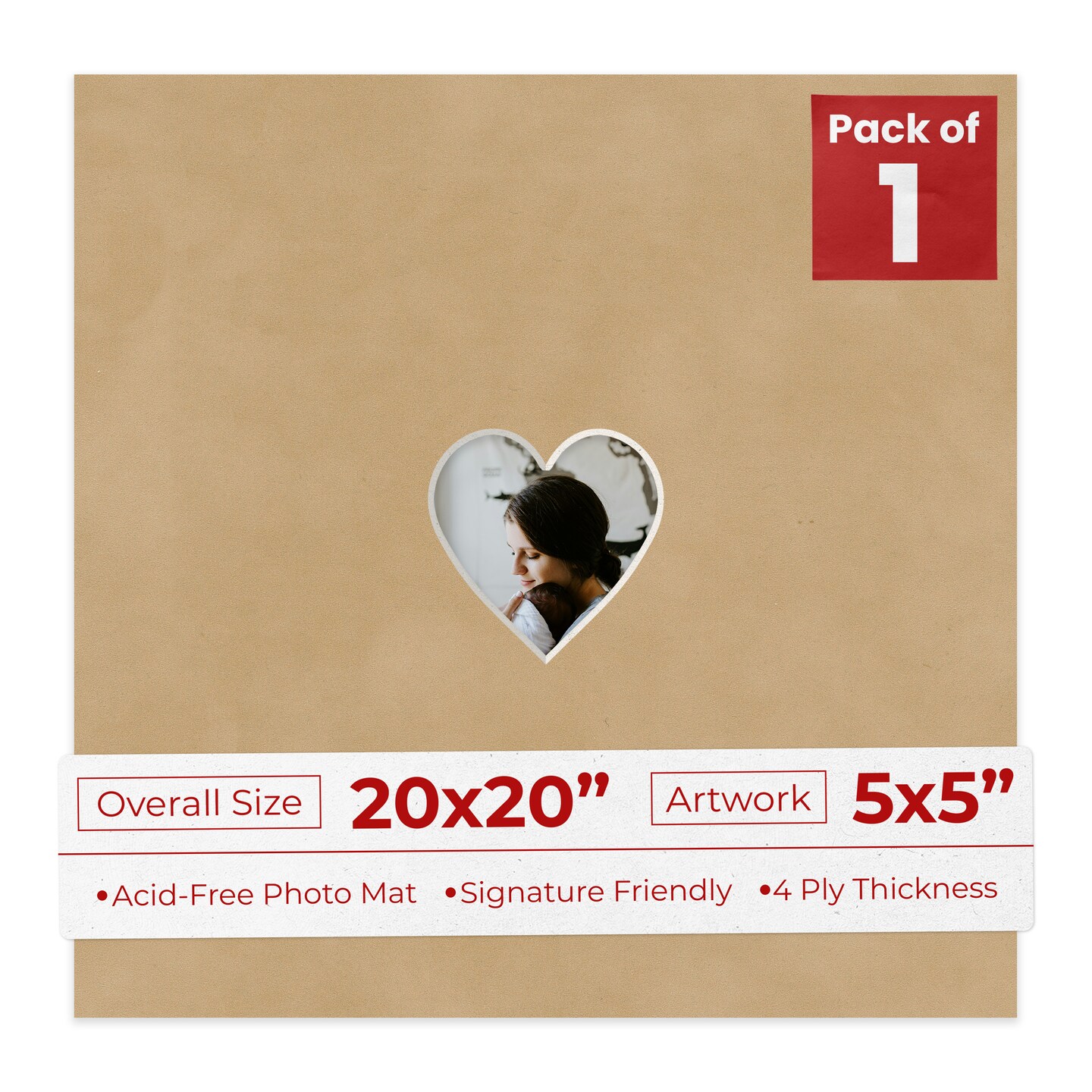 Beige Suede Mat Board for 20x20 Frames - Heart Opening for 5x5 Photos ...