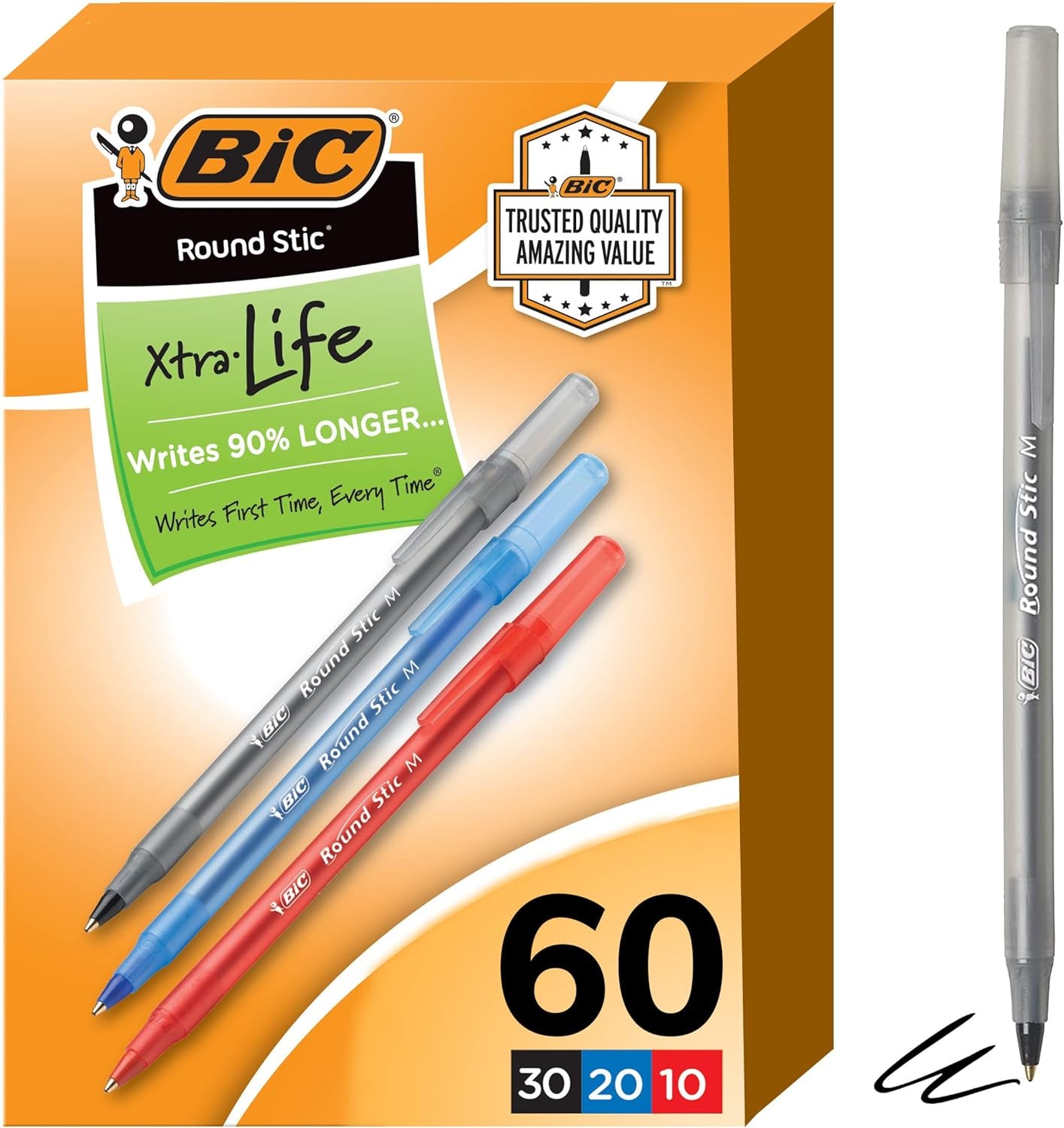 round Stic Xtra Life Assorted Ink Ballpoint Pens, Medium Point (1.0Mm ...