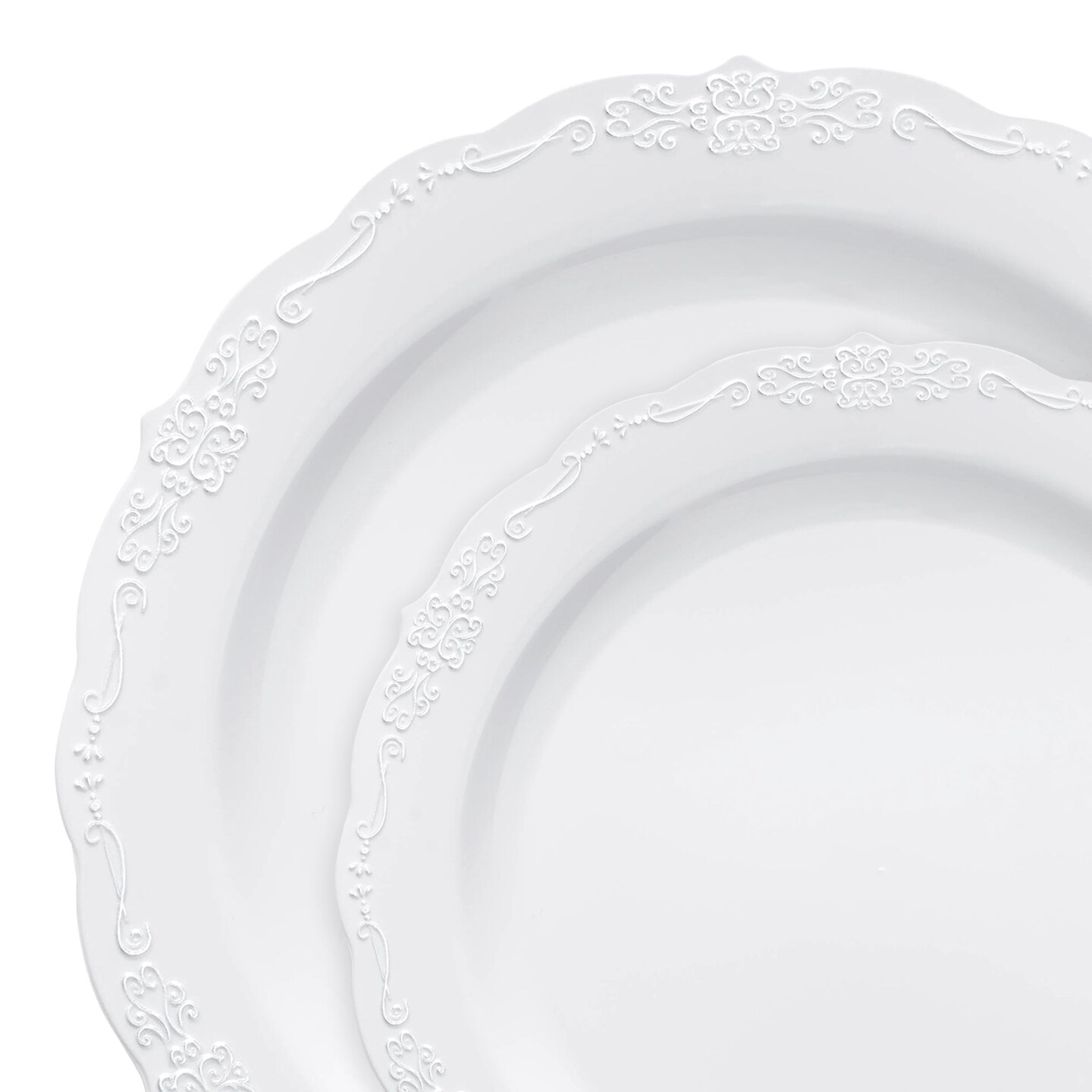 White with Silver Vintage Rim Round Disposable Plastic Dinnerware Value ...