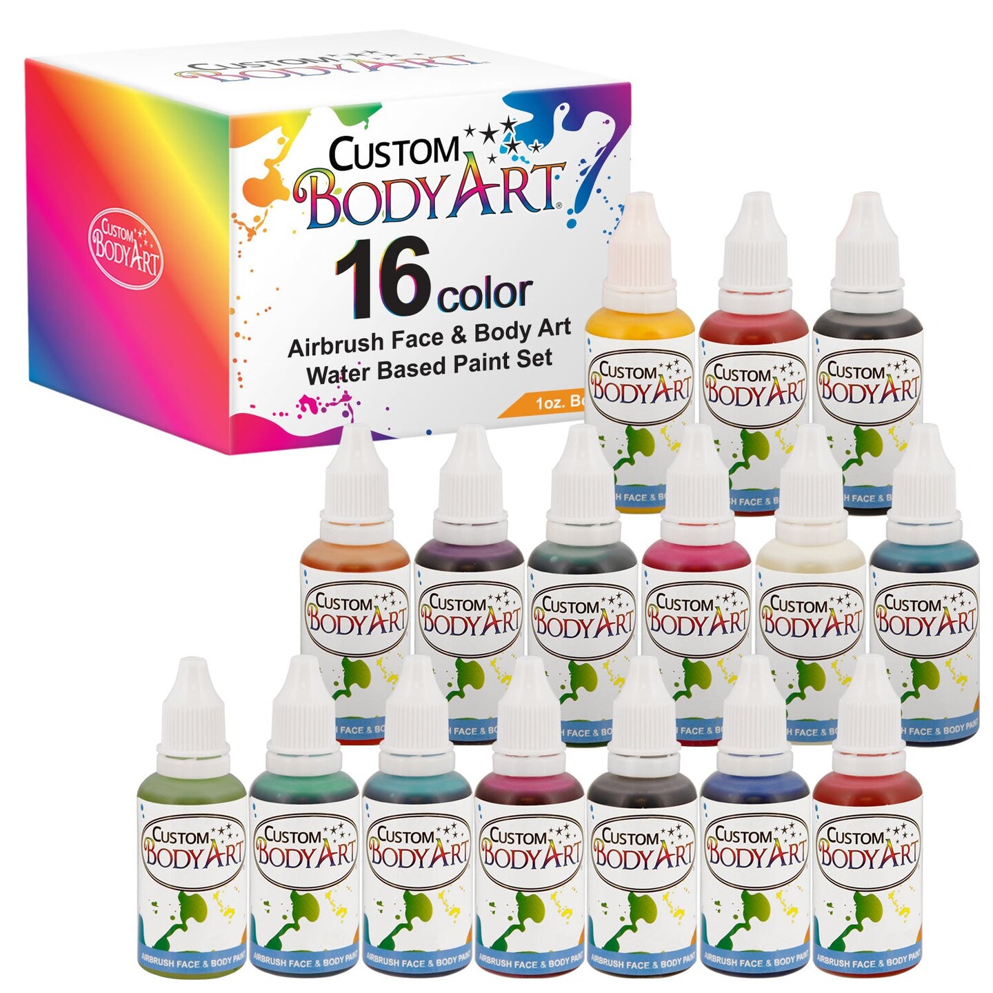 Custom Body Art Set of 16 Colors 1-oz Bottles of Water Based Face-Body ...