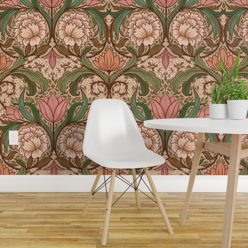 Pre-Pasted Wallpaper 2FT Wide Arts And Crafts Pink Green Hand Drawn ...