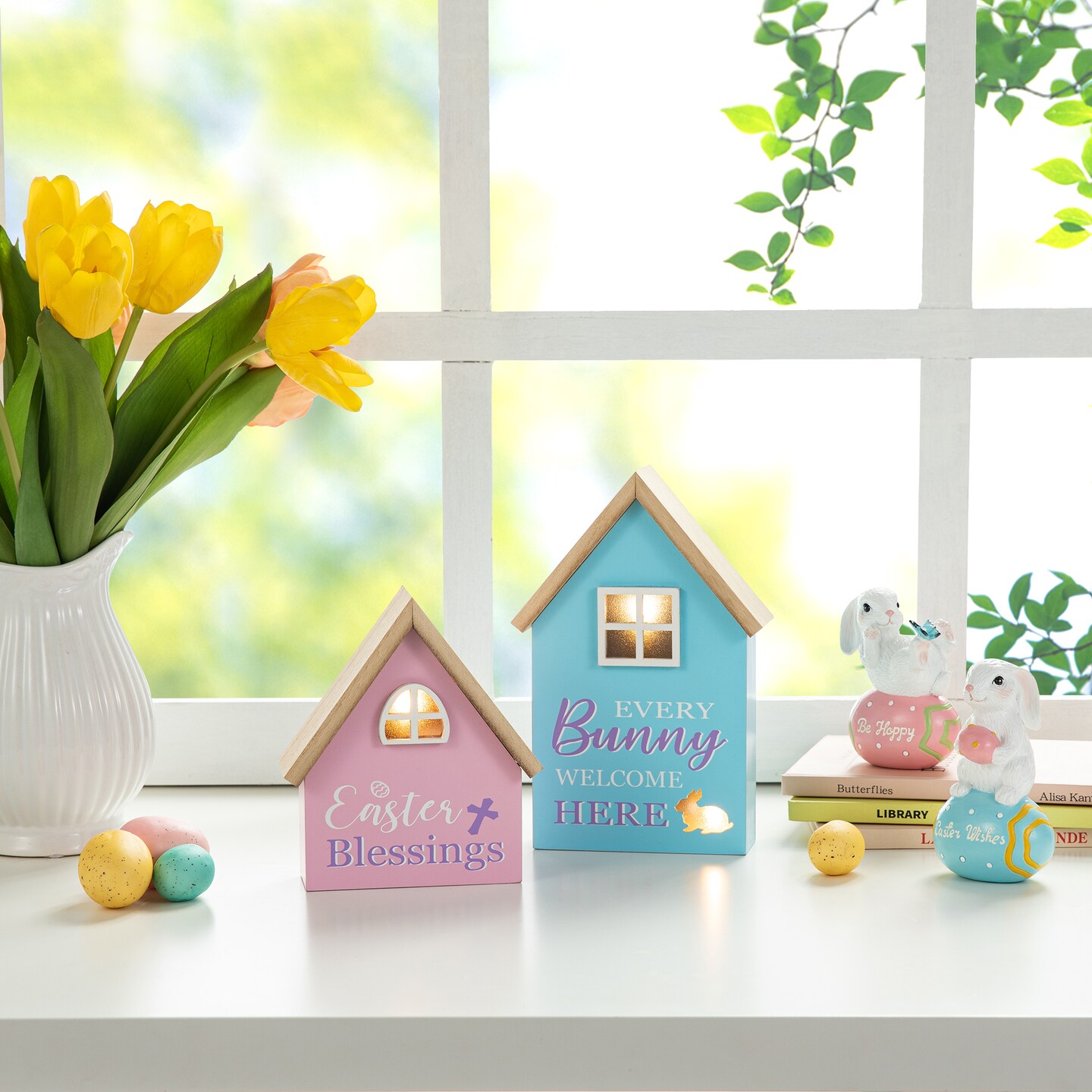 6"/8"H Set of 2 Lighted Easter Wooden House-shaped Table Decor | Michaels