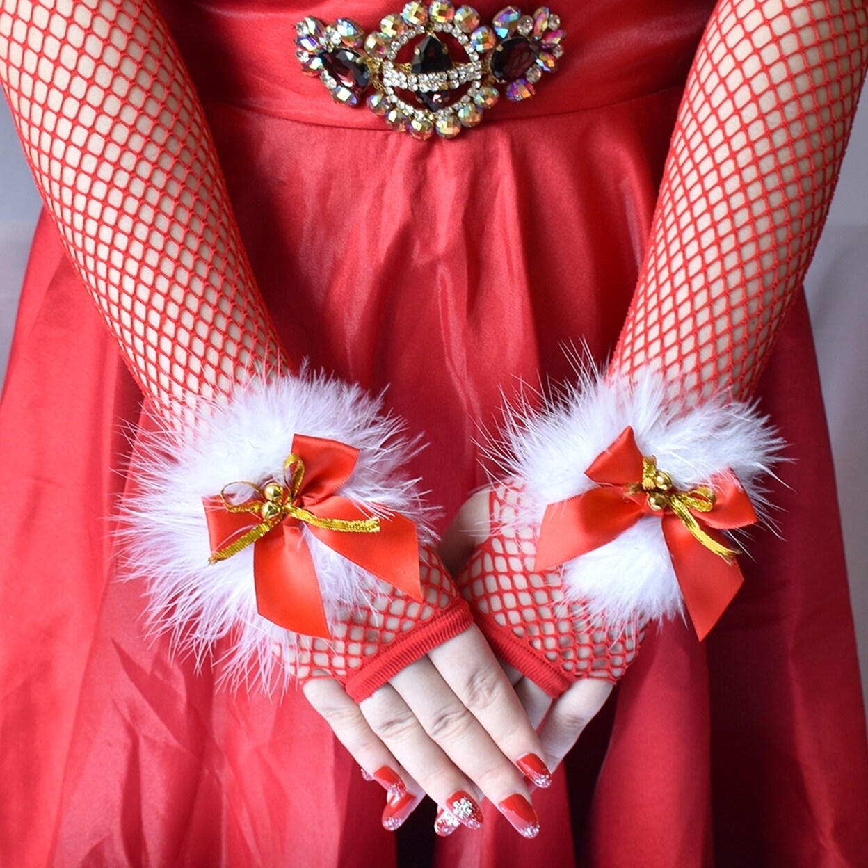 1 Pair Christmas Mesh Gloves Women High Elasticity Fingerless Red ...