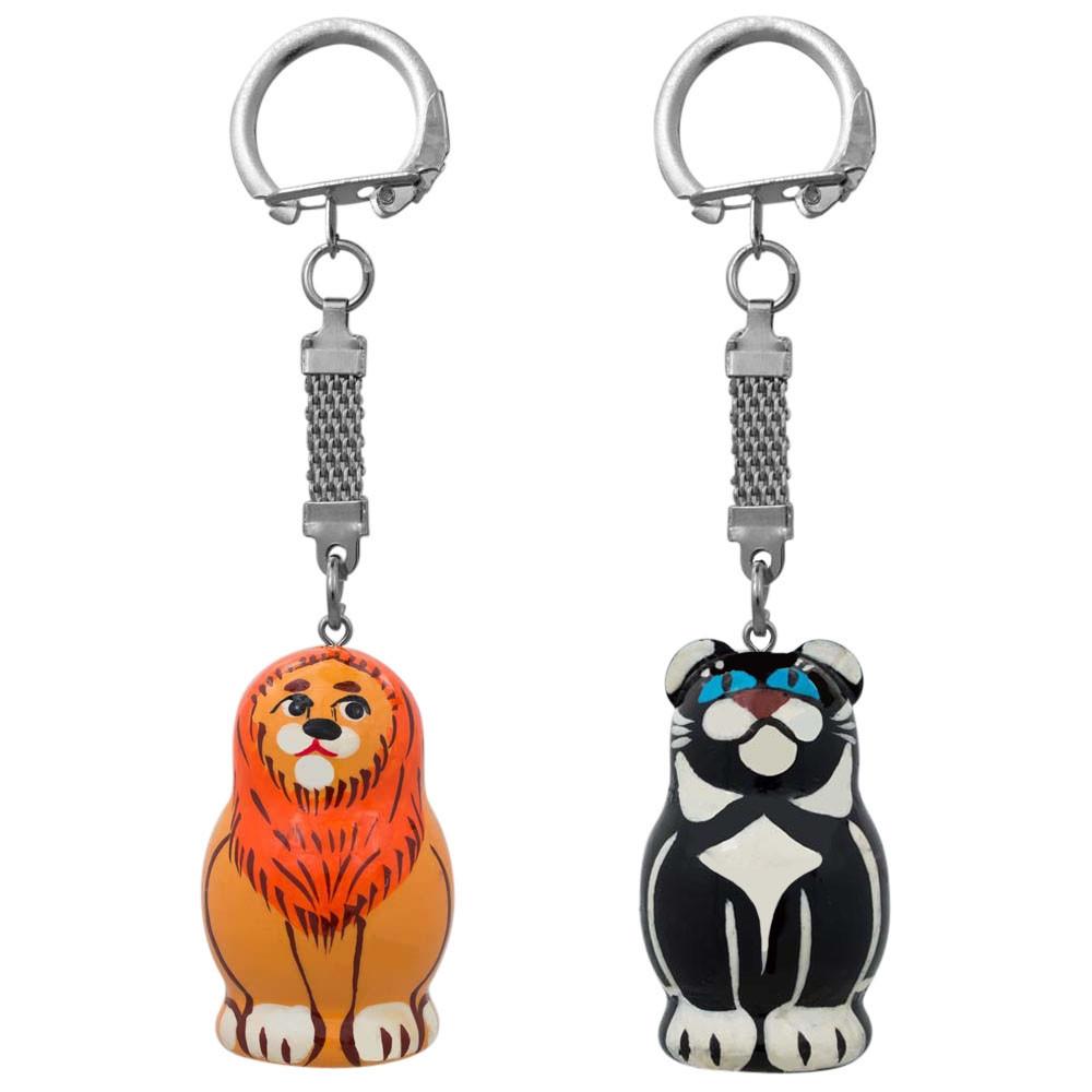 Set of 2 Lion and Black Panther Animal Wooden Key Chains 1.75 Inches ...
