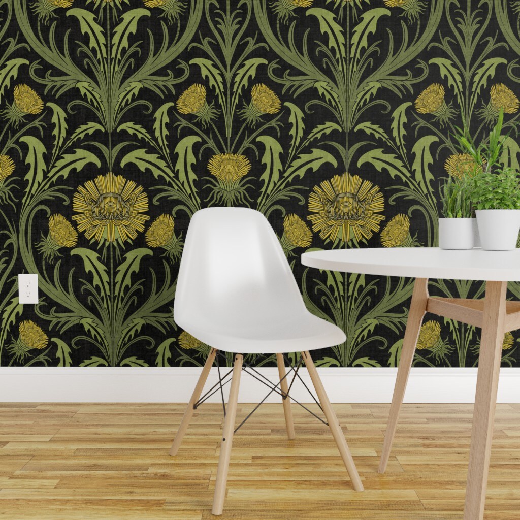Pre-Pasted Wallpaper 2FT Wide Yellow Floral Green Botanical Flowers Art ...