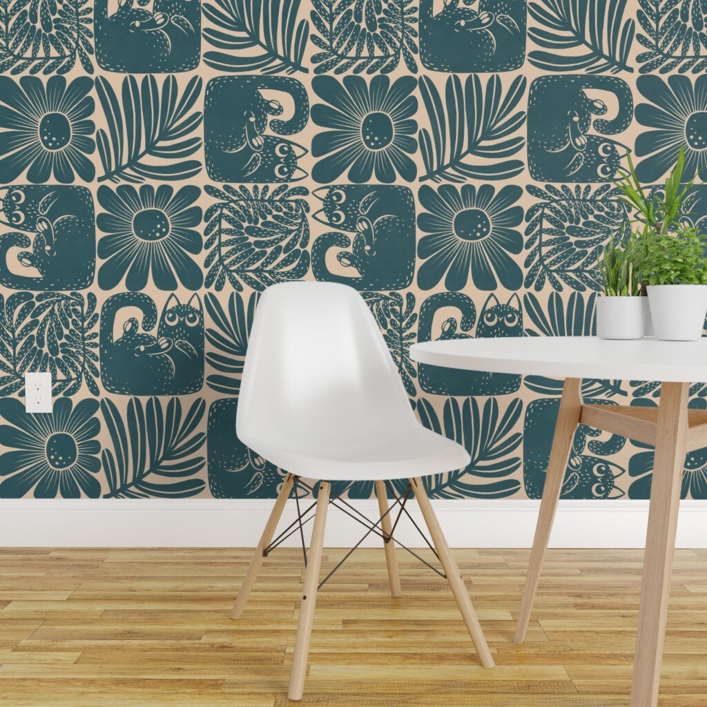 Pre-Pasted Wallpaper 2FT Wide Teal Block Print Retro Petrol Floral Cat ...
