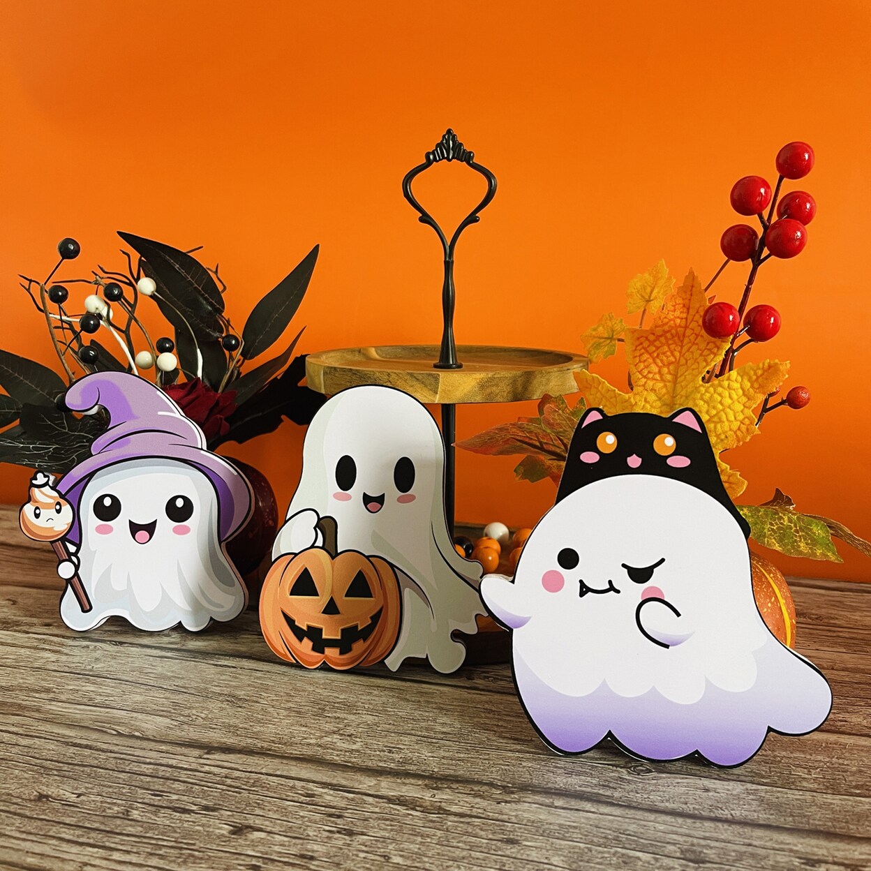 3Pcs/Set Halloween Ghost Table Sign Spooky Rustic Wooden Cartoon Ghost ...