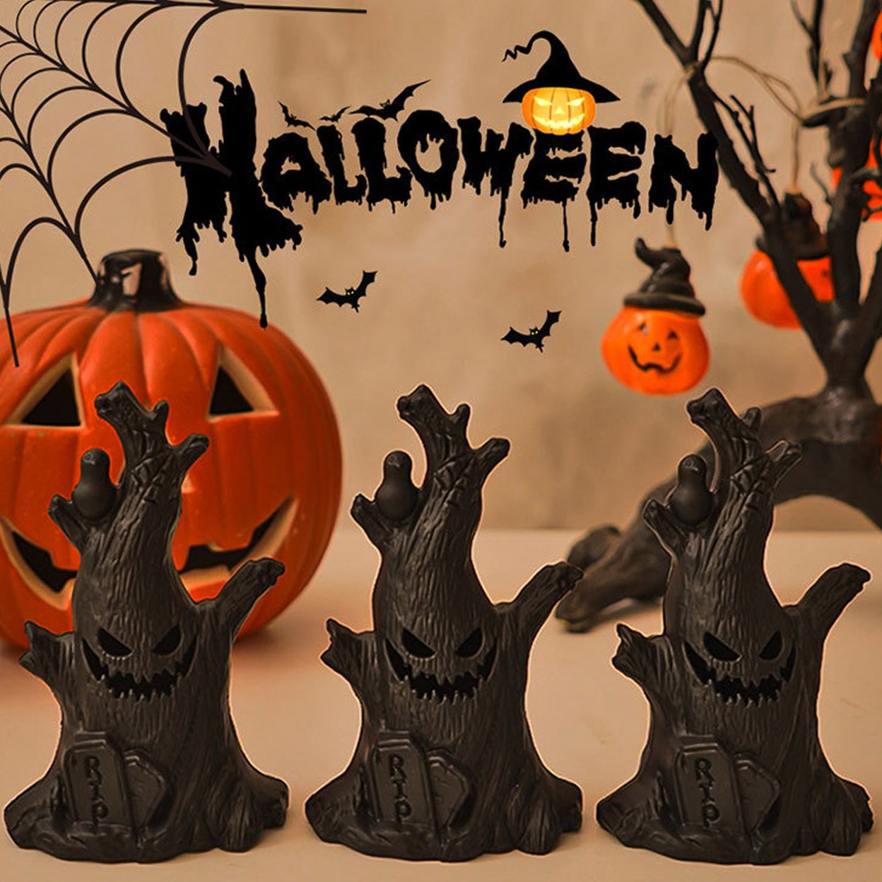 Halloween Led Ghost Tree Ornament Spooky Ghost Face Stump Statue Light ...