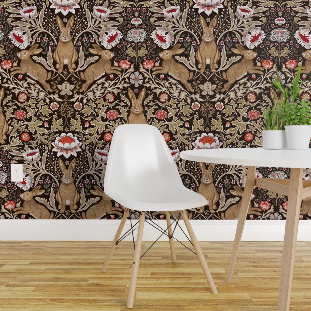 Pre-Pasted Wallpaper 2FT Wide Rabbit Neutral Damask Red Floral ...
