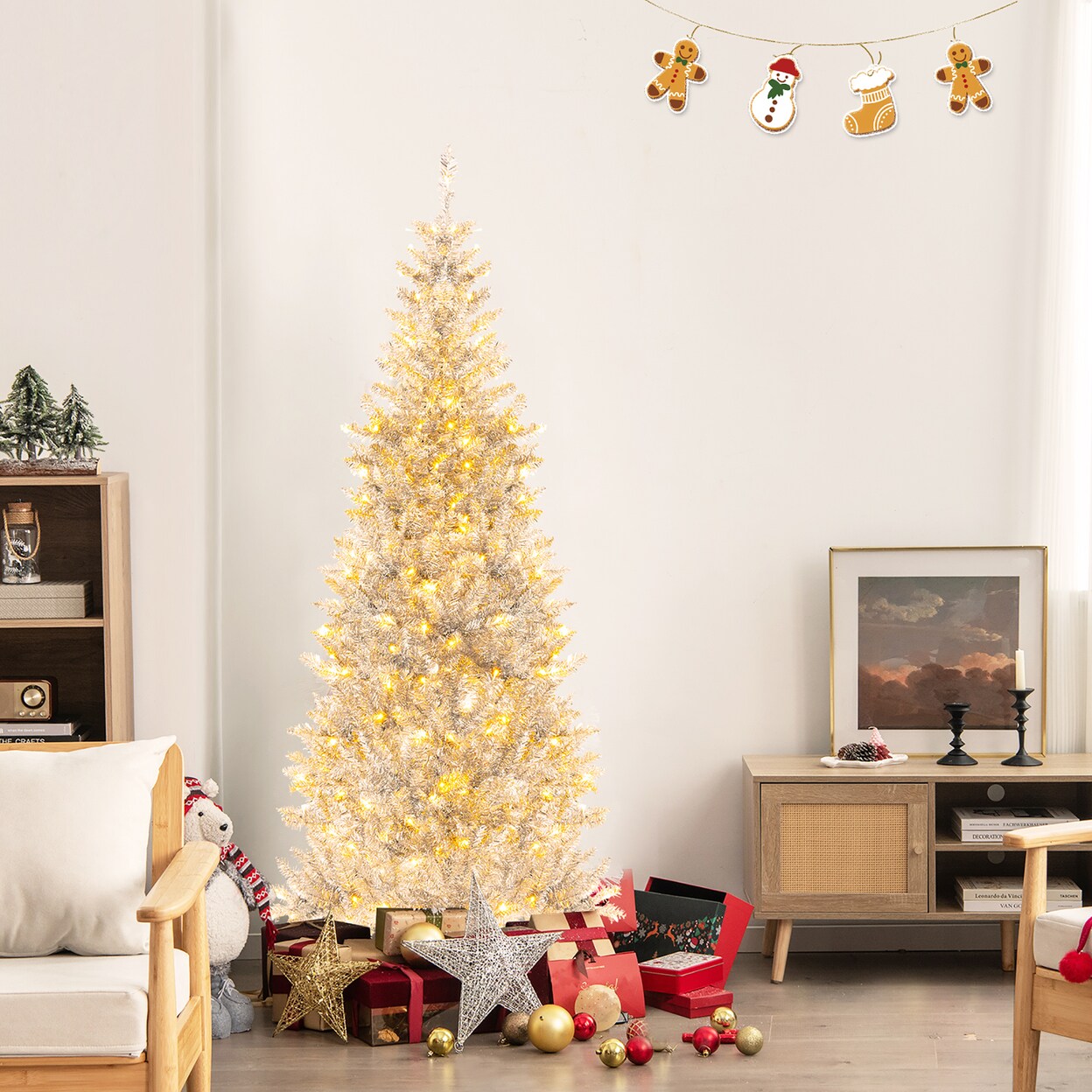 6 Ft Pre-Lit Artificial Silver Tinsel Christmas Tree Slim Pencil Xmas ...