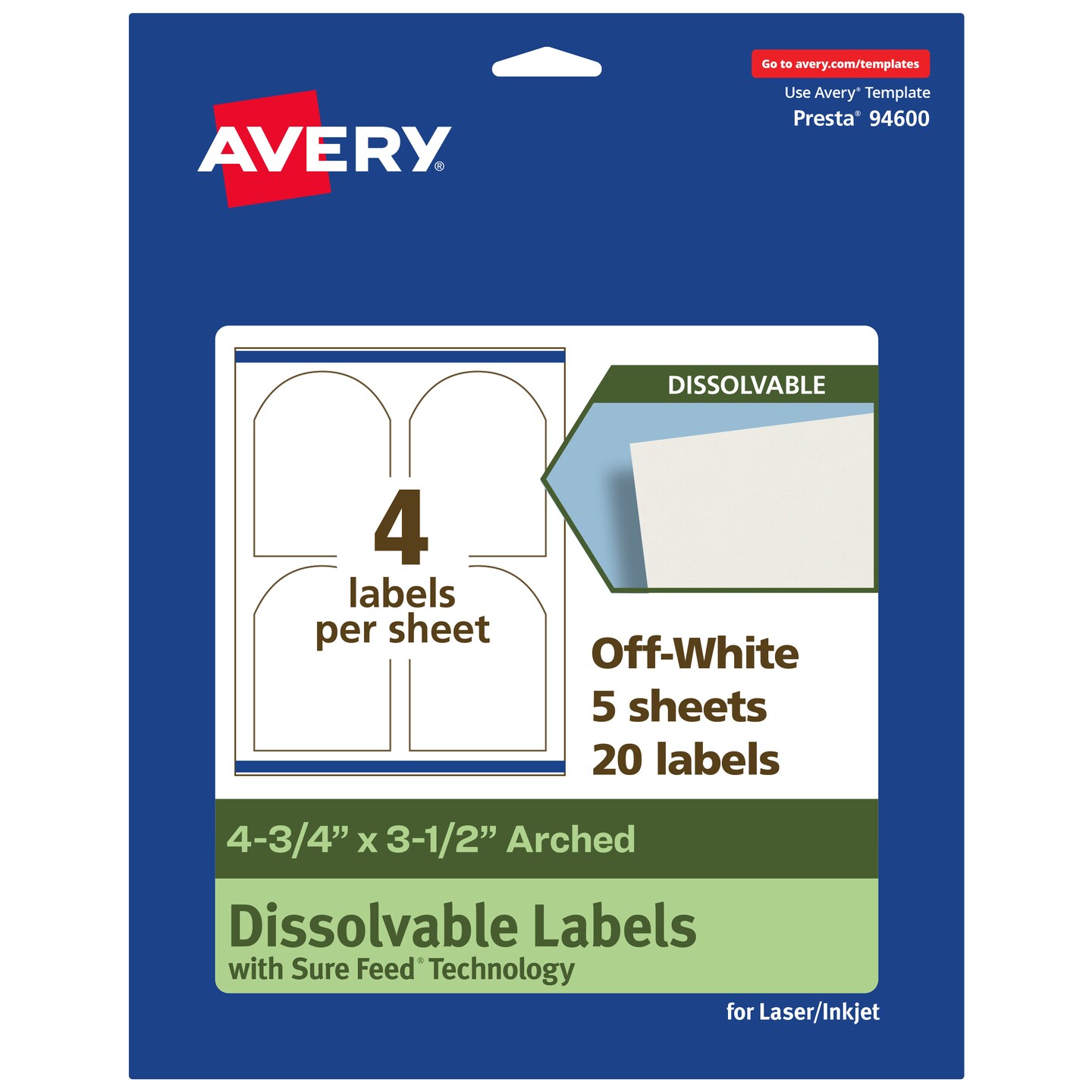 Avery Dissolvable Labels, 4.75" x 3.5" Arched, Color: White, Count: 20 ...