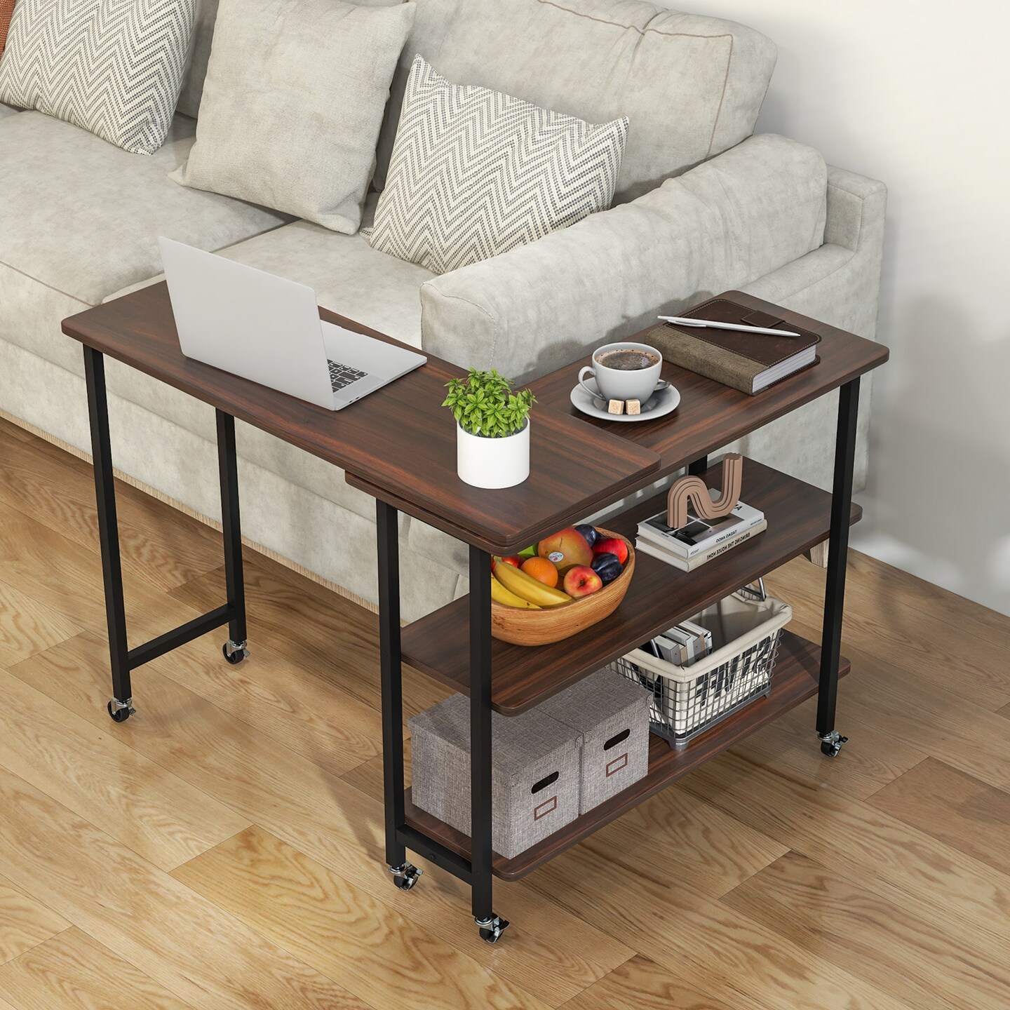 Space-Saving Sofa Side Table with Rotating Top 2 Open Shelves and 6 ...