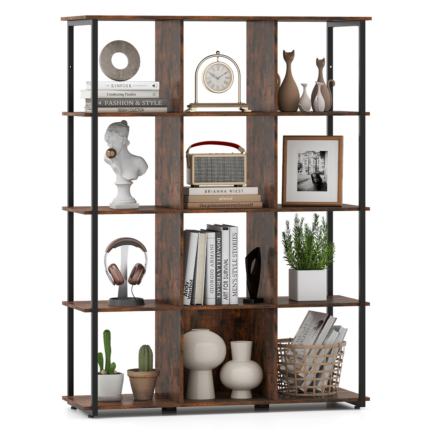 12-Cube Multi-Purpose 5-Tier Cube Storage Bookcase with Rustic Finish ...