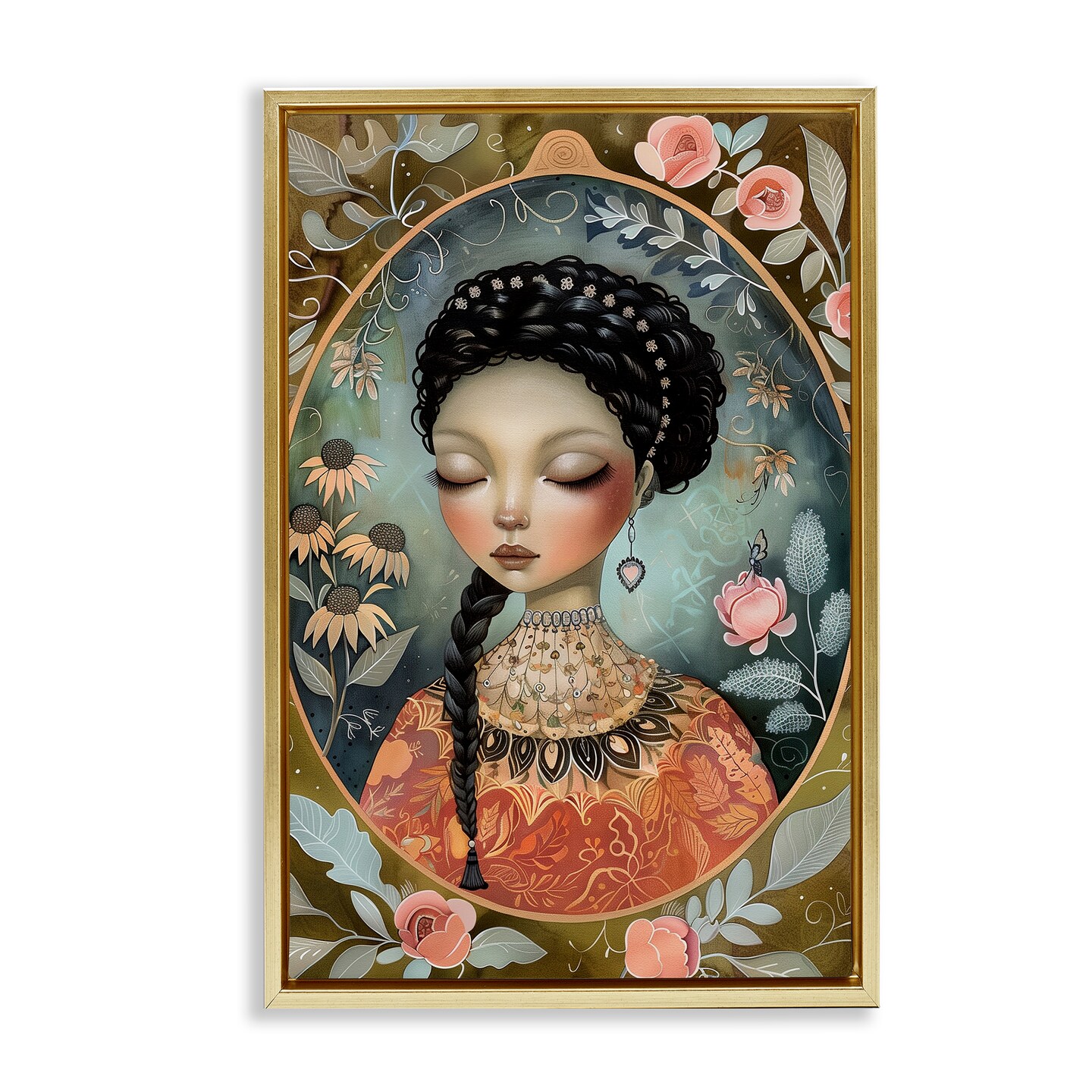 Stupell Industries Floral Edged Portrait of Woman Floating Frame Design ...