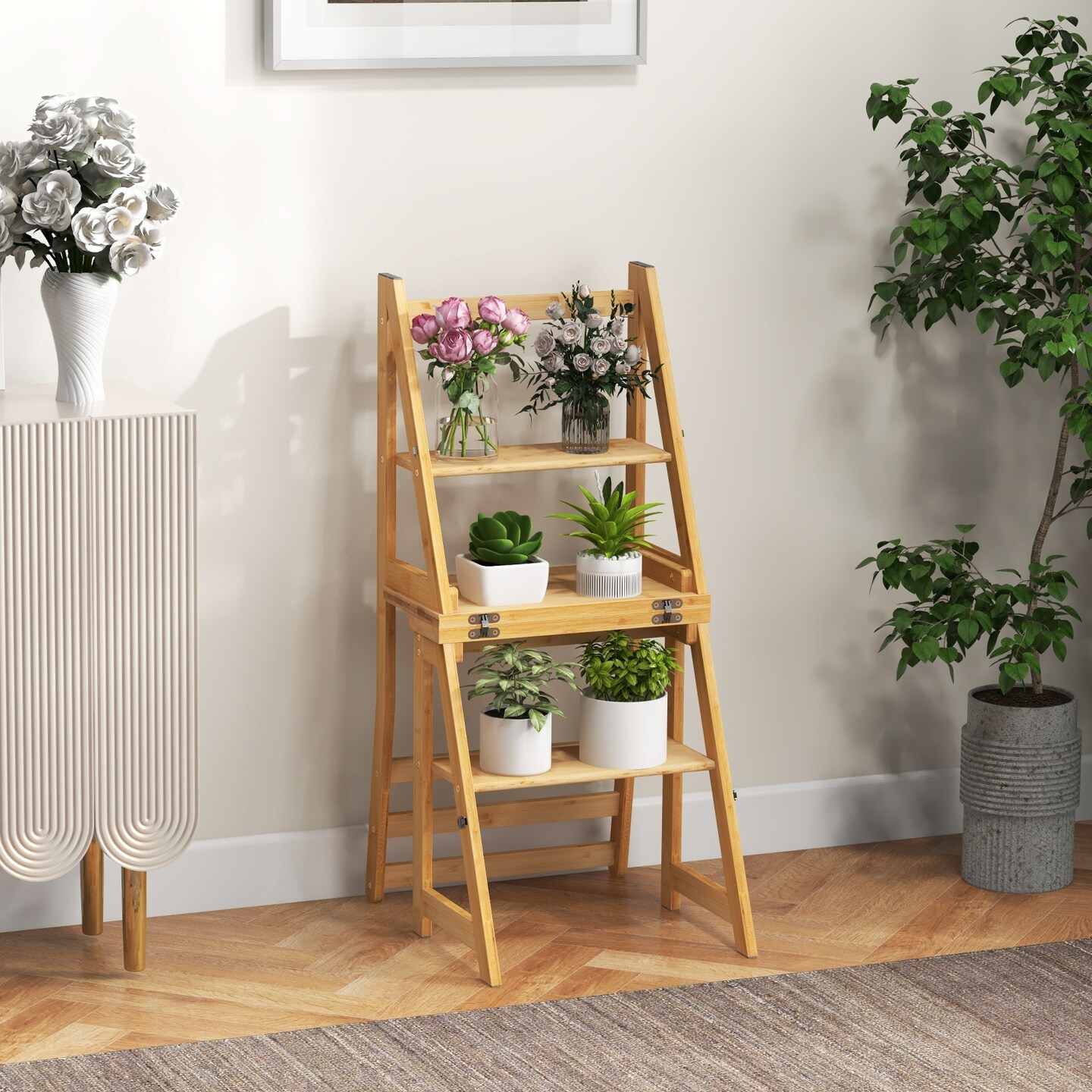 3-in-1 Multi-functional Foldable Display Plant Stand Ladder Chair with ...