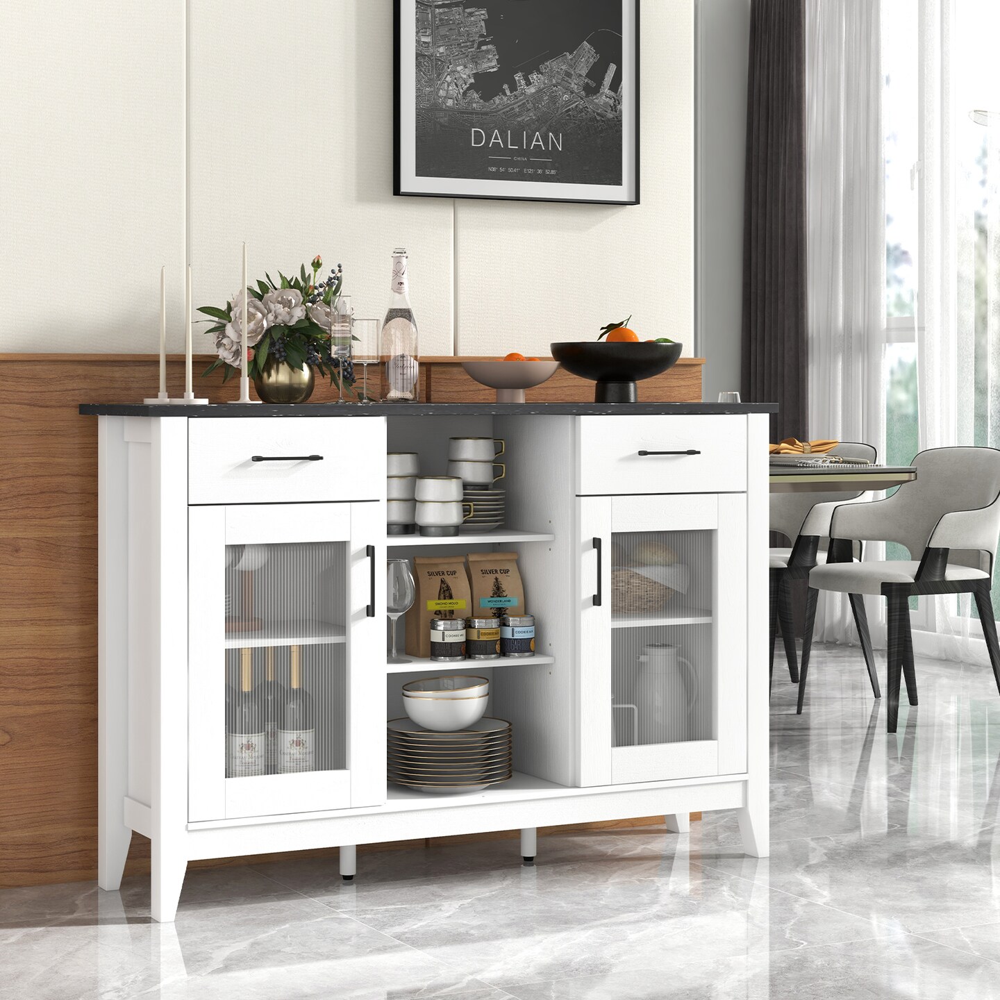 Sideboard Buffet Cabinet with 3 Open Cubes and 4 Adjustable Shelves ...