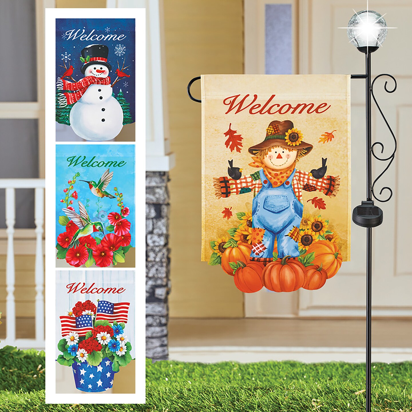 Collections Etc Set of 4 Seasonal Garden Flags with Solar Powered ...
