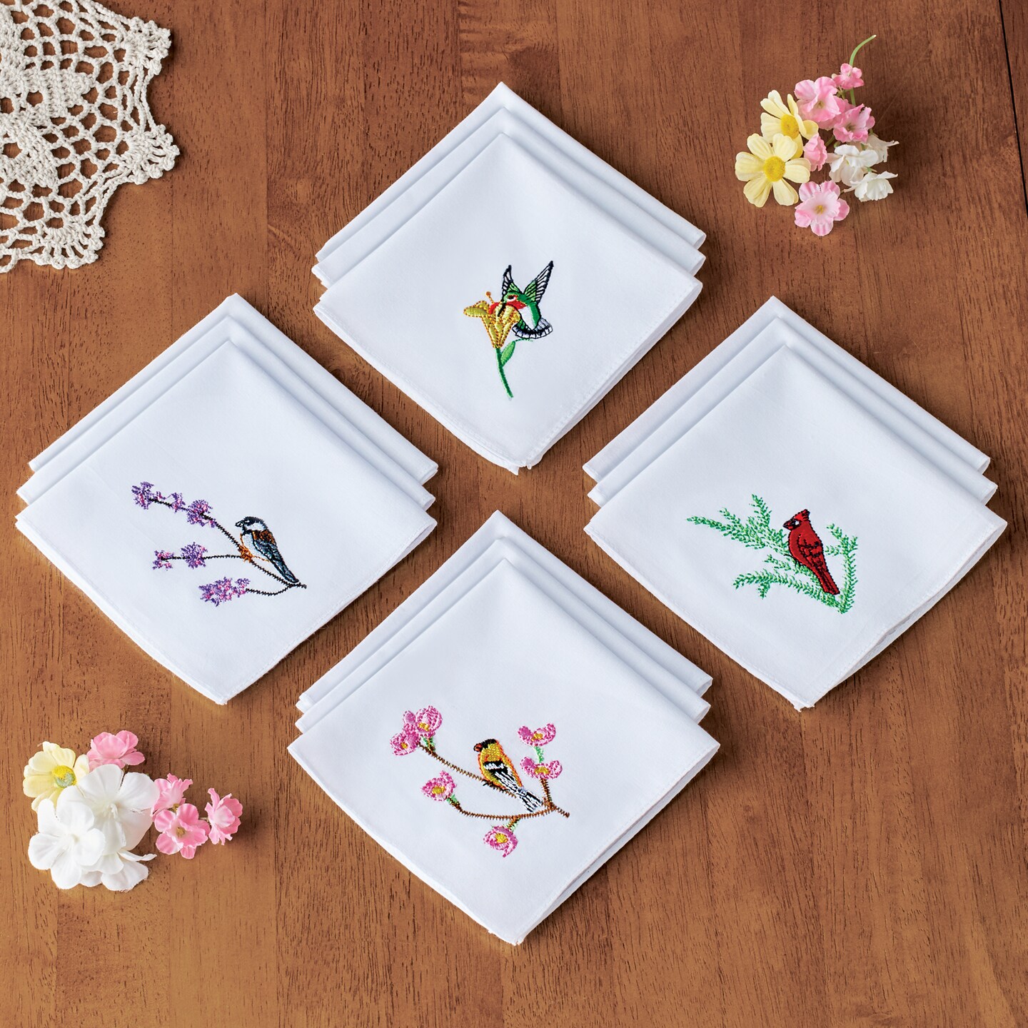 Collections Etc Multi Bird Embroidered Handkerchiefs - Set of 12, Count ...