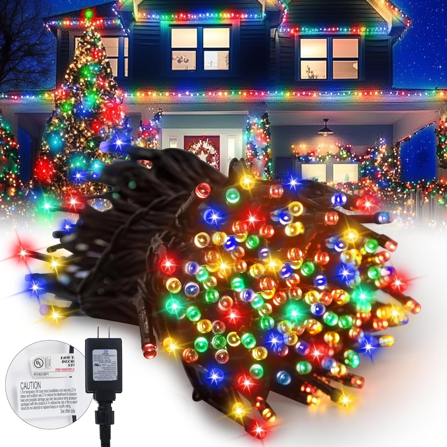 Christmas Tree Lights, 100FT 300LED Multi Colored Christmas Lights, 8 ...