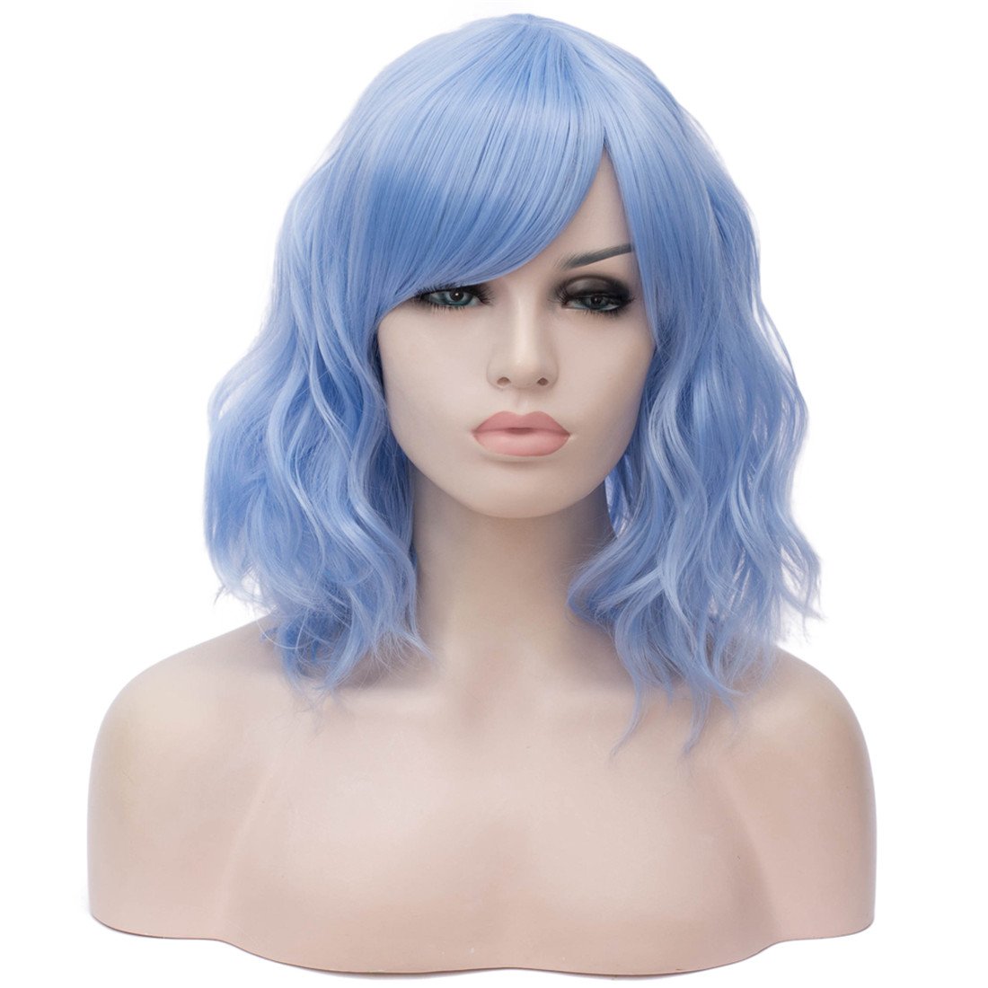 BUFASHION 14"" Women Short Wavy Curly Wig Light Blue Bob Wig Cosplay ...