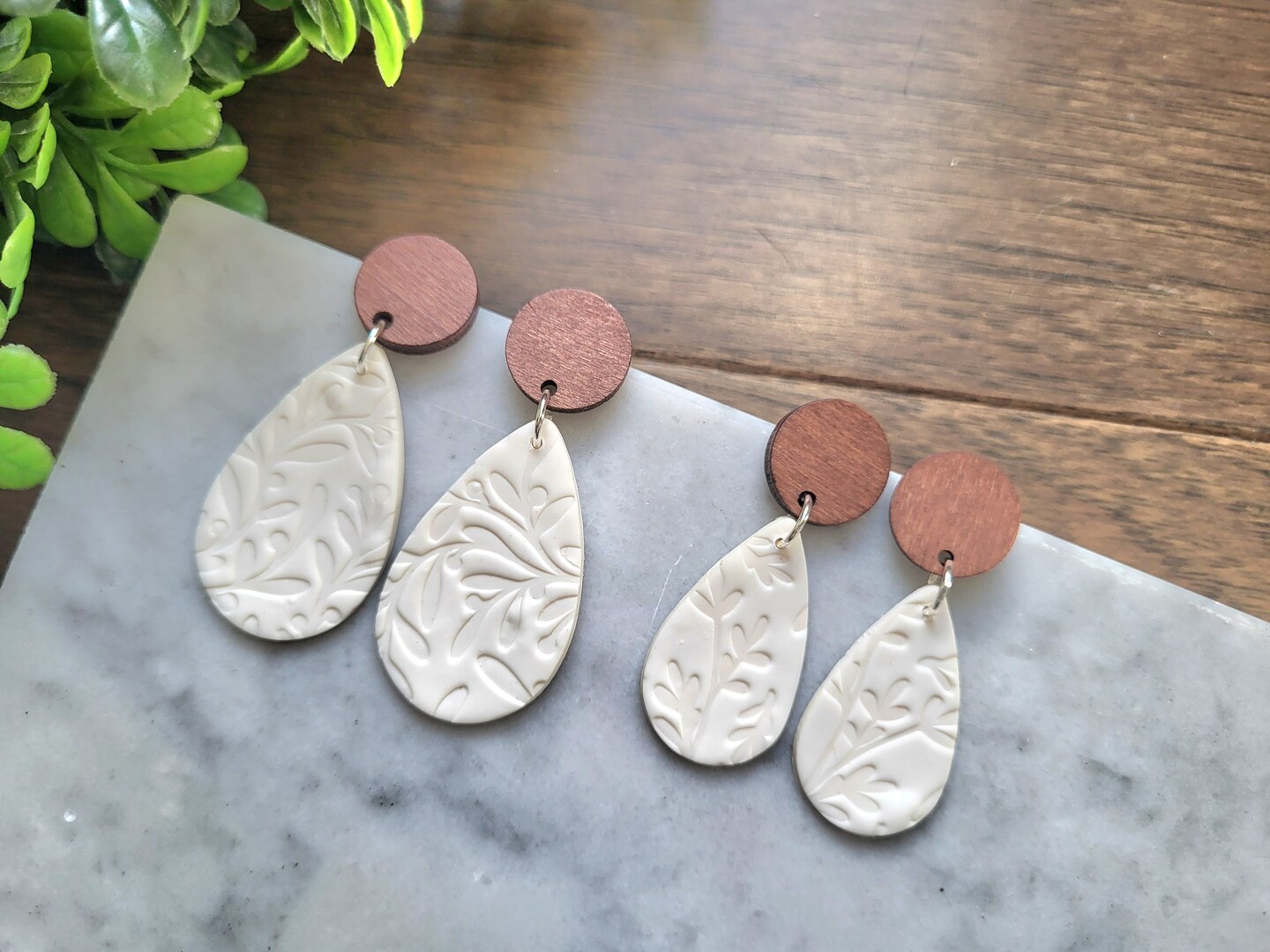 White Teardrop Earrings, Leaf Pattern Earrings, Polymer Clay Earrings ...