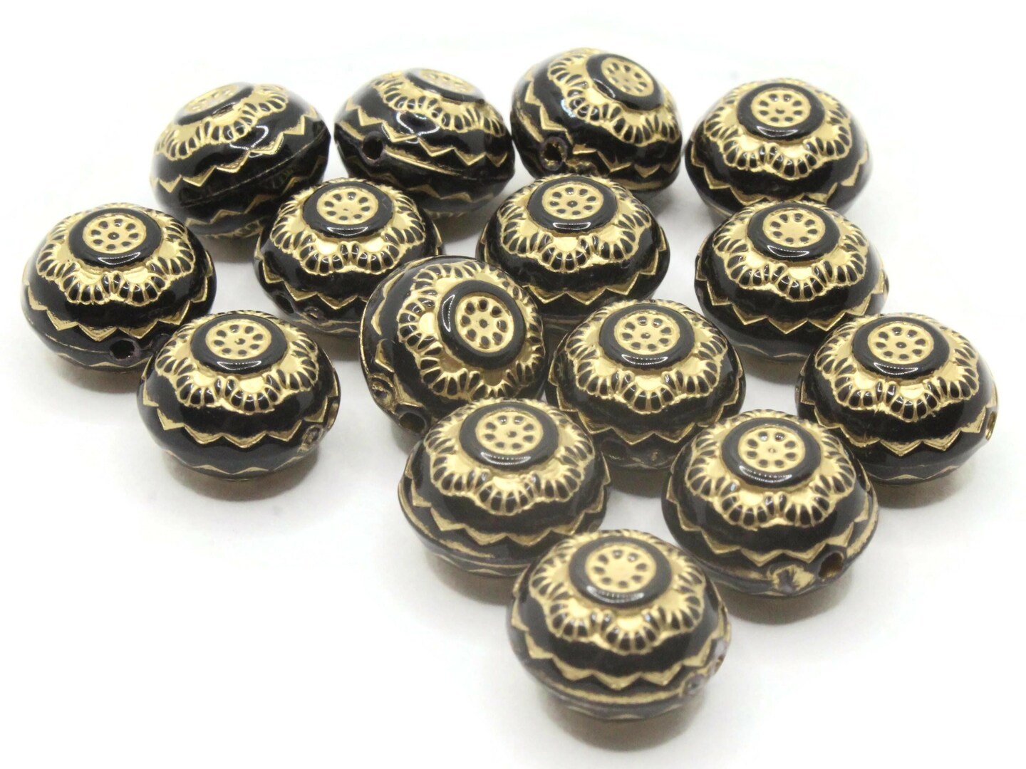 15 13mm Black Puffed Coin Plastic Beads with Gold Details | Michaels