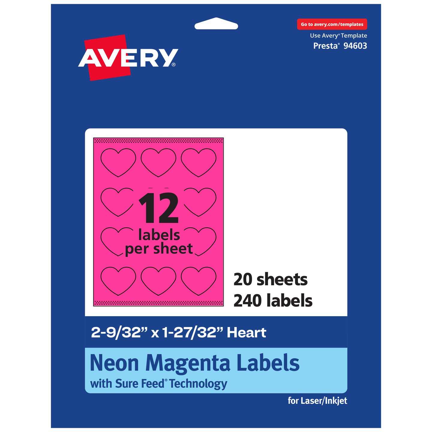 Avery Neon Magenta Paper Labels, 2-9/32" x 1-27/32" Heart, Color: Neon ...
